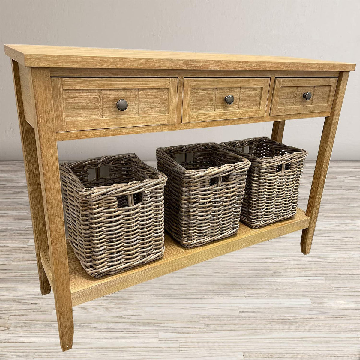 Rattan 3 Dwr w/Baskets Storage Console Table (Bisque Brown) — Houston ...